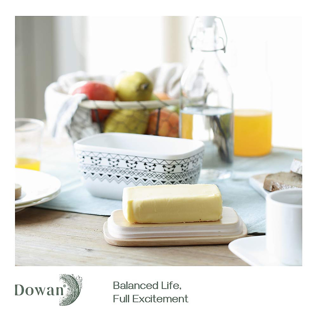 DOWAN Butter Dish with Lid, Ceramic Covered Butter Holder, White Butter Keeper Container, Farmhouse Butter Dish for Countertop Holds up to 2 Sticks, Modern Bohemian