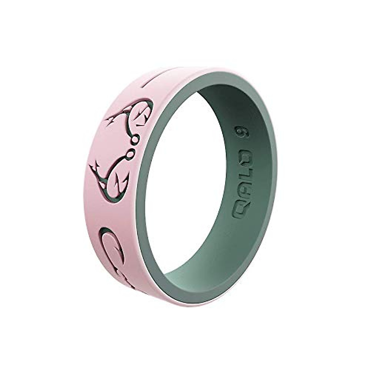 QALO Women's Rubber Silicone Ring, Strata Realtree Clinch Knot, Comfort Fit, Silicone Wedding Ring for Women, Breathable, Durable Engagement Silicone Band, 6mm Wide 1.85mm Thick, Blush & Sage, Size 6