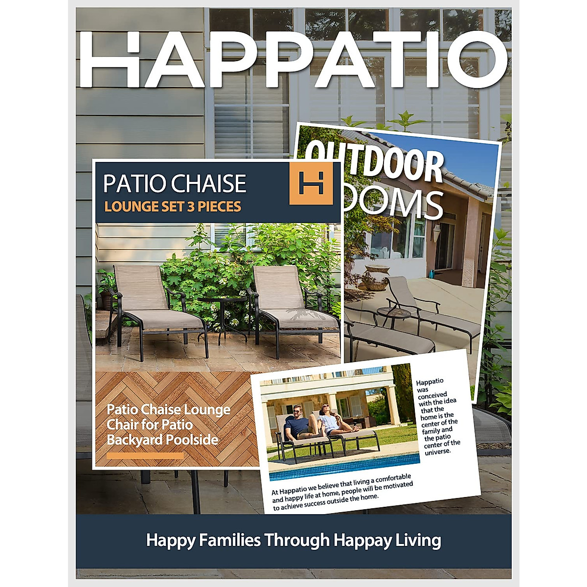 HAPPATIO Patio Chaise Lounge 3 Pieces,Patio Lounge Chair with Glass Coffee Table,Pool Lounge Chair with Breathable Textilene Fabric for Patio Backyard Poolside (Brown)