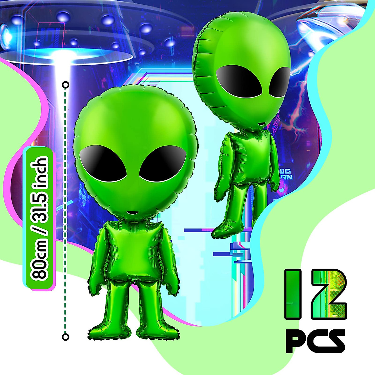 Meooeck 12 Pcs Alien Party Decorations Large Alien Inflatable Balloons, 31.5 Inch Green Alien Prop Backdrop for Alien Space Birthday Party Favor Supplies