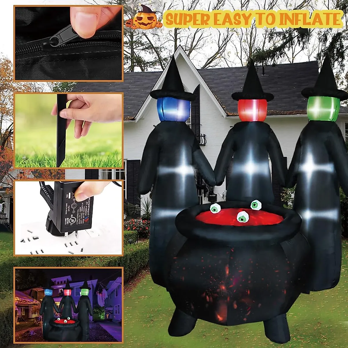 Halloween Decorations Inflatables Outdoor, 8.2FT Inflatable Halloween Three Witch Around Cauldron with Flame Light Halloween Blow Up Yard Decorations with Built-in LED for Outdoor Yard Patio Lawn