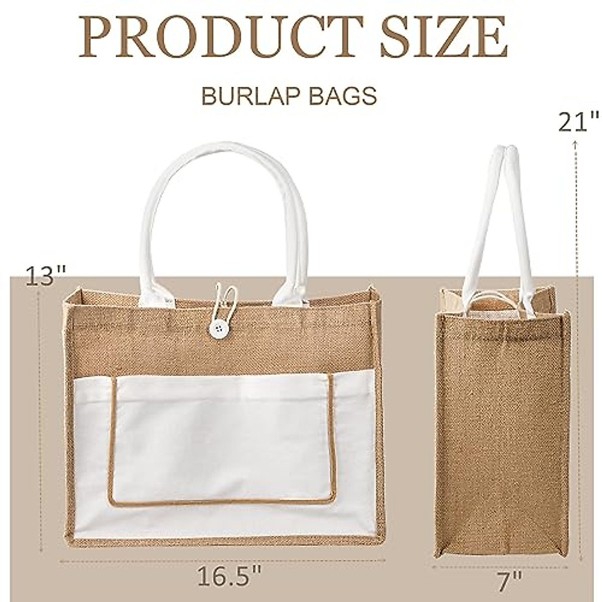 ZOOFOX 6 Pack Jute Tote Bags, Burlap Tote Bag with Handles, Large Beach Bag for Women, Grocery Bridesmaid Bag Weaving Tote Bags for Beach, Wedding, Shopping, Travel, 16.5"x 13"x 7"