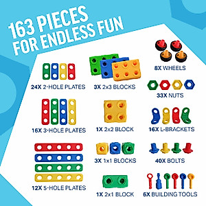 Brickyard Building Blocks STEM Toys - Educational Building Toys for Kids Ages 4-8 with 163 Pieces, Tools, Design Guide and Toy Storage Box, Easter Basket Stuffers Gift for Boys & Girls