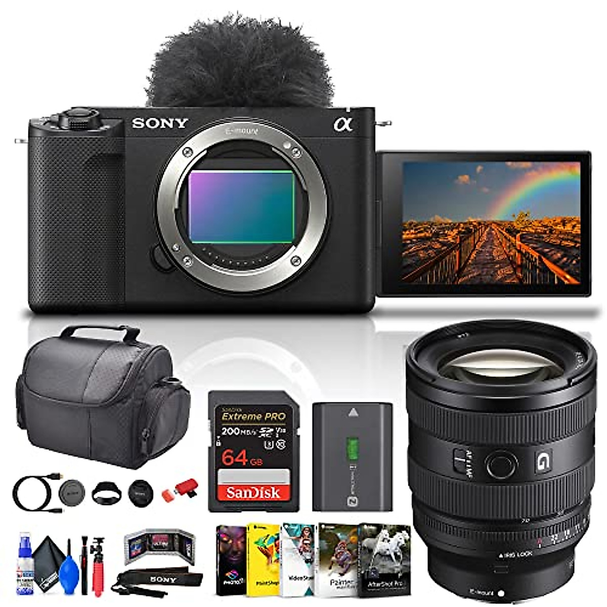 Sony Alpha ZV-E1 Full-Frame Vlog Mirrorless Lens Camera (Black) (ILCZVE1/B) FE 20-70mm G Lens + 64GB Card + Corel Photo Software + Card Reader + Case + Flex Tripod + Cleaning Kit (Renewed)