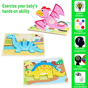 Riccioney 6 Pack Dinosaur Wooden Puzzles for Toddlers Kids Boys and Girls, Educational Puzzle Blocks Toys Preschool Kindergarten Gifts