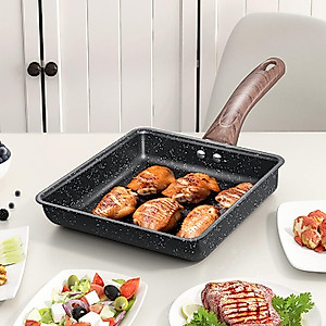 KALTEK Tamagoyaki Pan with accessories, Includes serving plate, oil brush, spatula and chopsticks, Japanese Cookware, Egg Pan, Rectangle Frying Pan, Omelette Maker Nonstick, Omelet Pan, 7" x 5" Black