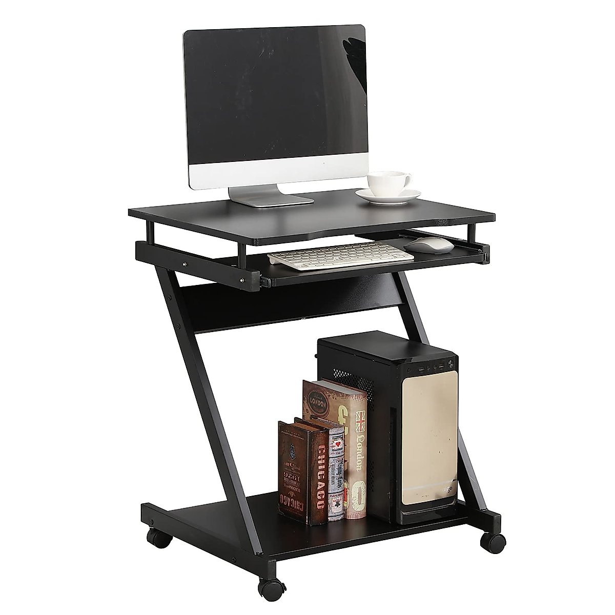 soges Small Rolling Computer Desk, Z Shape Laptop Desk Cart on Wheels, Mobile Computer Workstation for Home and Office with Keyboard Tray, Black