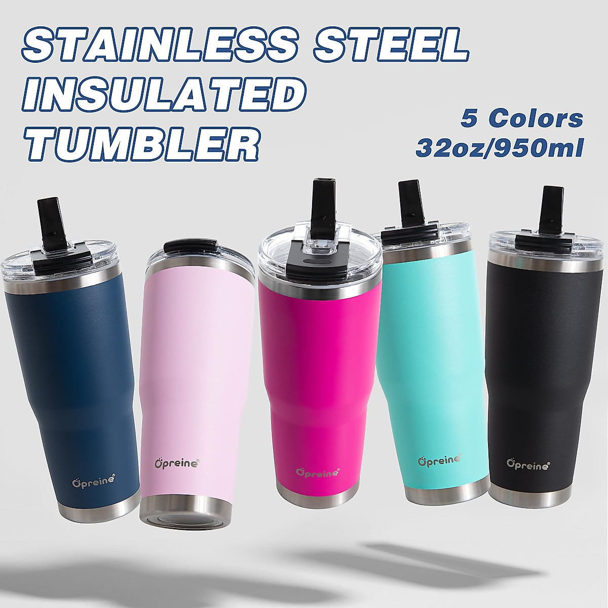 Opreine 32oz Tumbler with Handle, Insulated Tumbler with Straw and Lid, Stainless Steel Double Vacuum Travel Coffee Mug Cup, Fit for Car Holder, Spill Proof, Dishwasher Safe, Sweat Proof, Navy