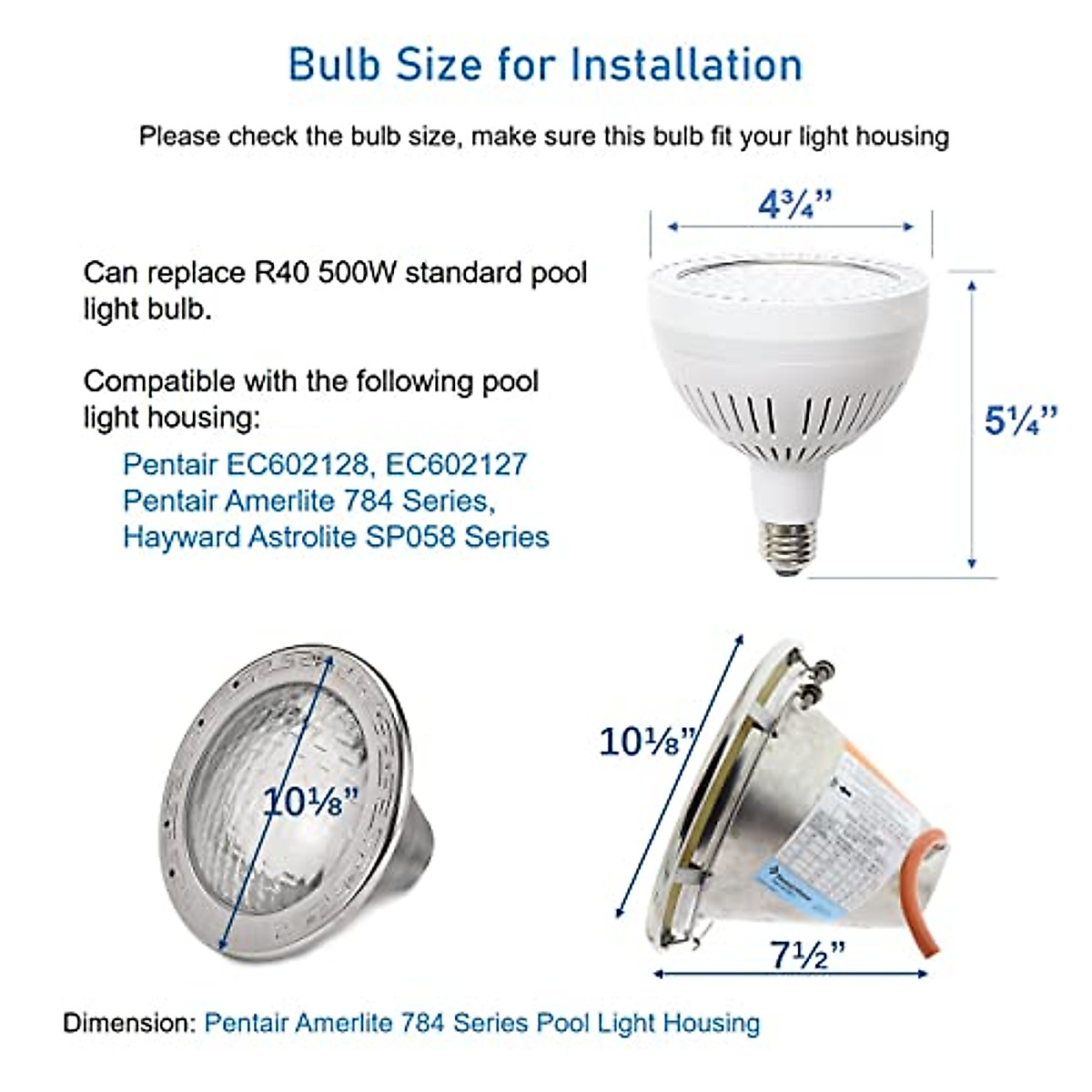 TOVEENEN LED Pool Light Bulb 120V 65W 6500lm High Bright White 6500K Replacement for Pentair Hayward 500W Inground Pool Light