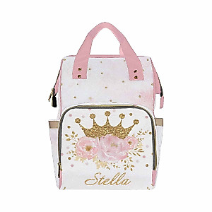 Newcos Personalized Glliter Crown with Beautiful Pink Roses Diaper Backpack with Custom Name Shoulder Mommy Baby Bag Multi 09, One Size