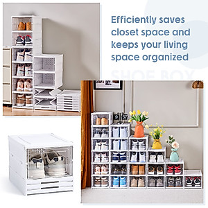 Qunclay 12 Pairs Foldable Shoe Storage Boxes Include 4 Pcs 3 Layer Stackable Clear Shoes Rack Organizer Solid Hard Plastic Shoe Containers for Closet Bedroom Shoe Organizer Sneakers Display