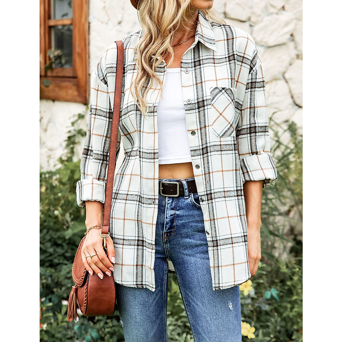 Lumister Oversized Flannel Shirt Women Long Sleeve Plaid Button Down Buffalo Shirt Blouse Tops with One Pocket(0405-White*1-M)