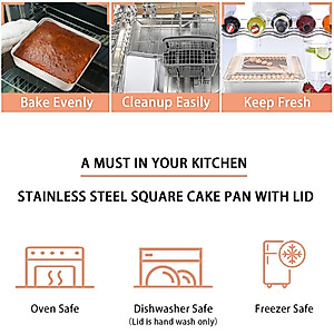 TeamFar Square Cake Pan with Lid (1 Pan & 1 Lid), 8 Inch Square Baking Pan Stainless Steel Cake Brownie Tin For Meal Prep Storage Transporting Food, Healthy & Sturdy, Dishwasher Safe