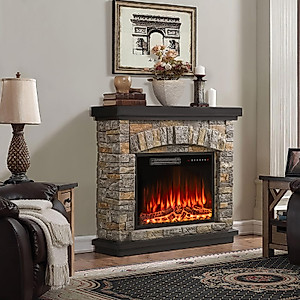 BOSSIN 36" Electric Fireplace with Mantel, 23 inch Electric Fireplace Insert, TV Stand Freestanding Heater with Remote Control Timer LED Flame for Living Room Bedroom,Faux Stone Gray