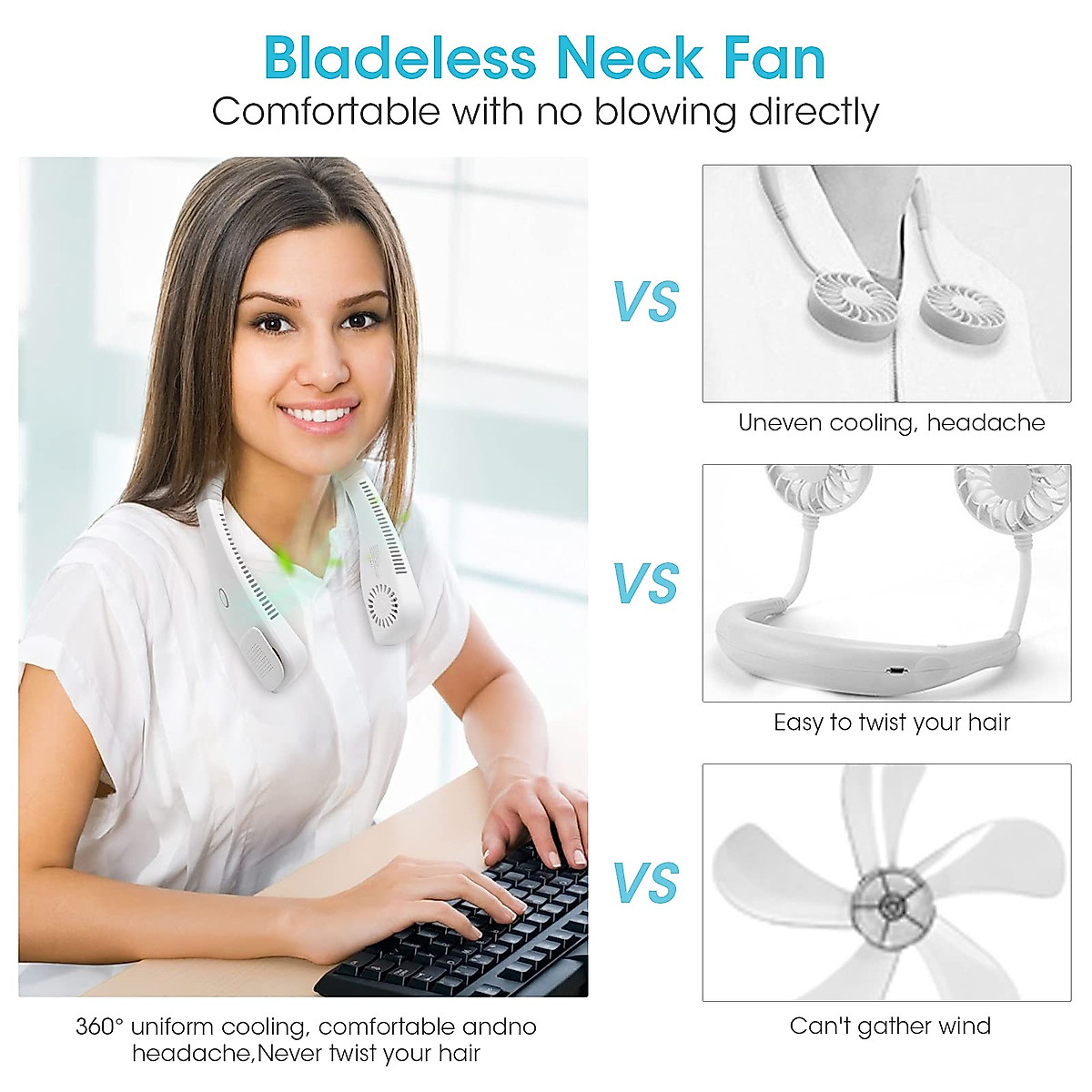 MQUPIN Portable Neck Fan, Hands Free Bladeless Fan, Large Capacity Battery Operated 3 Wind Speed Personal Fan Adjustable,USB Rechargeable for Office,Camping, Hiking, Travel - White