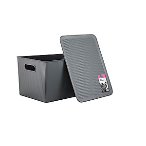 Superio Ribbed Collection - Decorative Plastic Lidded Home Storage Bins Organizer Baskets, X-Large Grey (1 Pack - 22 Liter) Stackable Container Box, for Organizing Closet Shelves Drawer Shelf