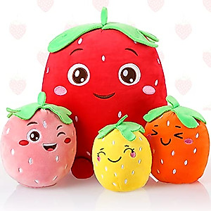Queekay 4 Pieces Soft Strawberry or Pineapple Pillow Stuffed Toy Food Pillows Fruit Plush Pillow Kids' Plush Toy Pillows Fruit Hugging Cushion for Home Bedroom Office Supplies (Strawberry)