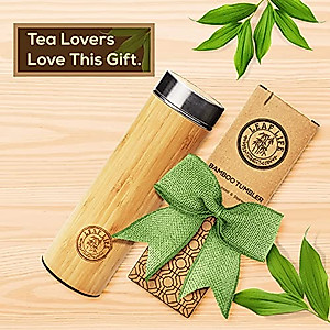 LeafLife Sustainable Bamboo Tumbler with Tea Infuser & Strainer 12oz - Keeps Liquid Hot & Cold for 12 Hrs - Vacuum Insulated Stainless Steel Travel Mug - Infuser Bottle for Loose Leaf Tea & Coffee