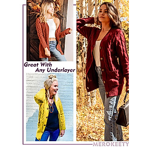 MEROKEETY Women's 2025 Fall Long Sleeve Cable Knit Sweater Open Front Cardigan Button Loose Outerwear Rust