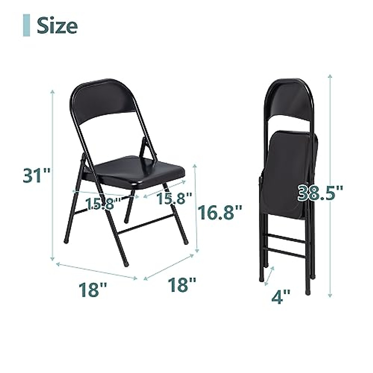 Nazhura 4 Pack Black Metal Folding Chair with Steel Seat and Double Braced Frame, Foldable Chairs for Parties, Meetings and Outdoor Events, No Assembly Required (Black, 4 Pack)