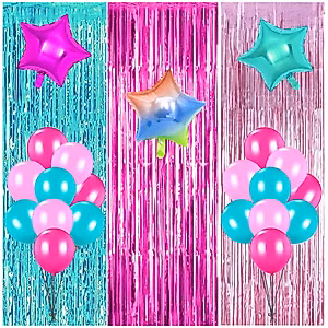 Surprise Party Supplies Birthday Decorations, Pink Teal Fuchsia Curtains and Balloons for Girls Surprise Party Cake Table Supplies to Booths Backdrop