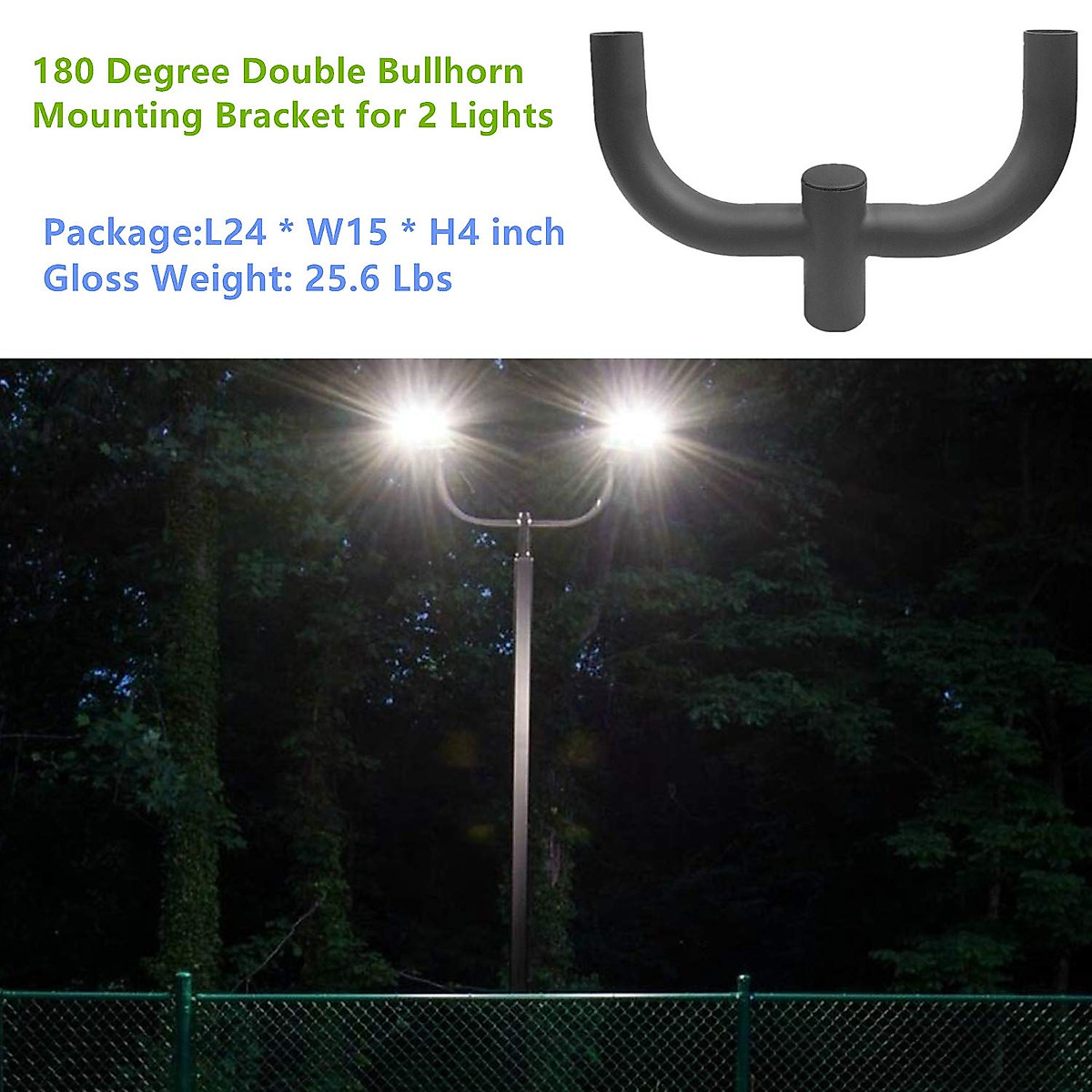 1000LED 180 Degree Double Bullhorn Mounting Bracket, 2-3/8 Inch Slip Fitter, Steel, For LED Shoebox Lights, Street Lights, Parking Lot Lights
