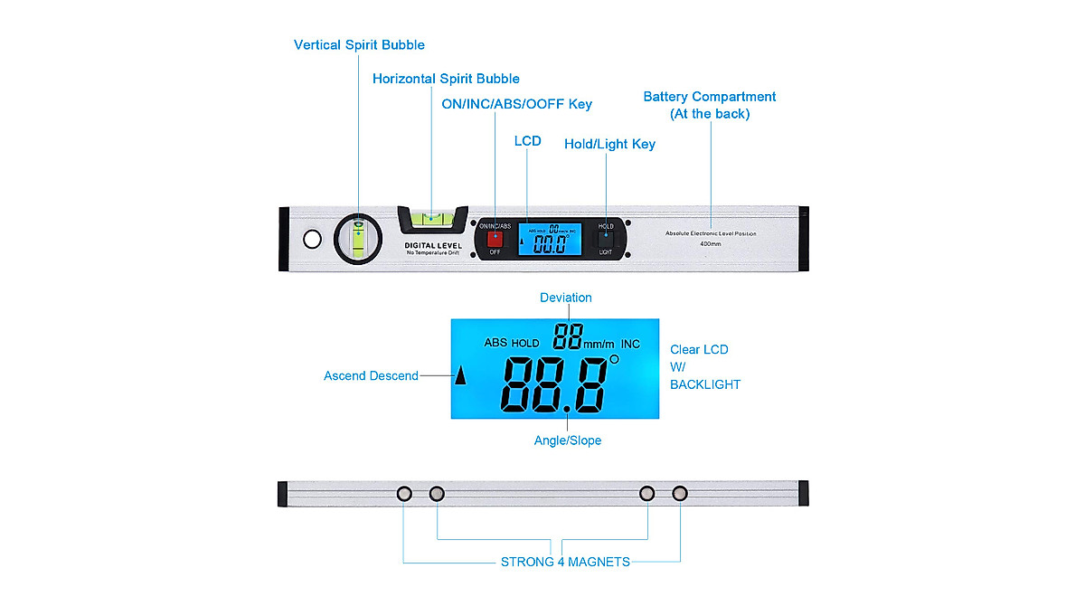 RISEPRO 16-inch Digital Spirit Level & Inclinometer with Backlight