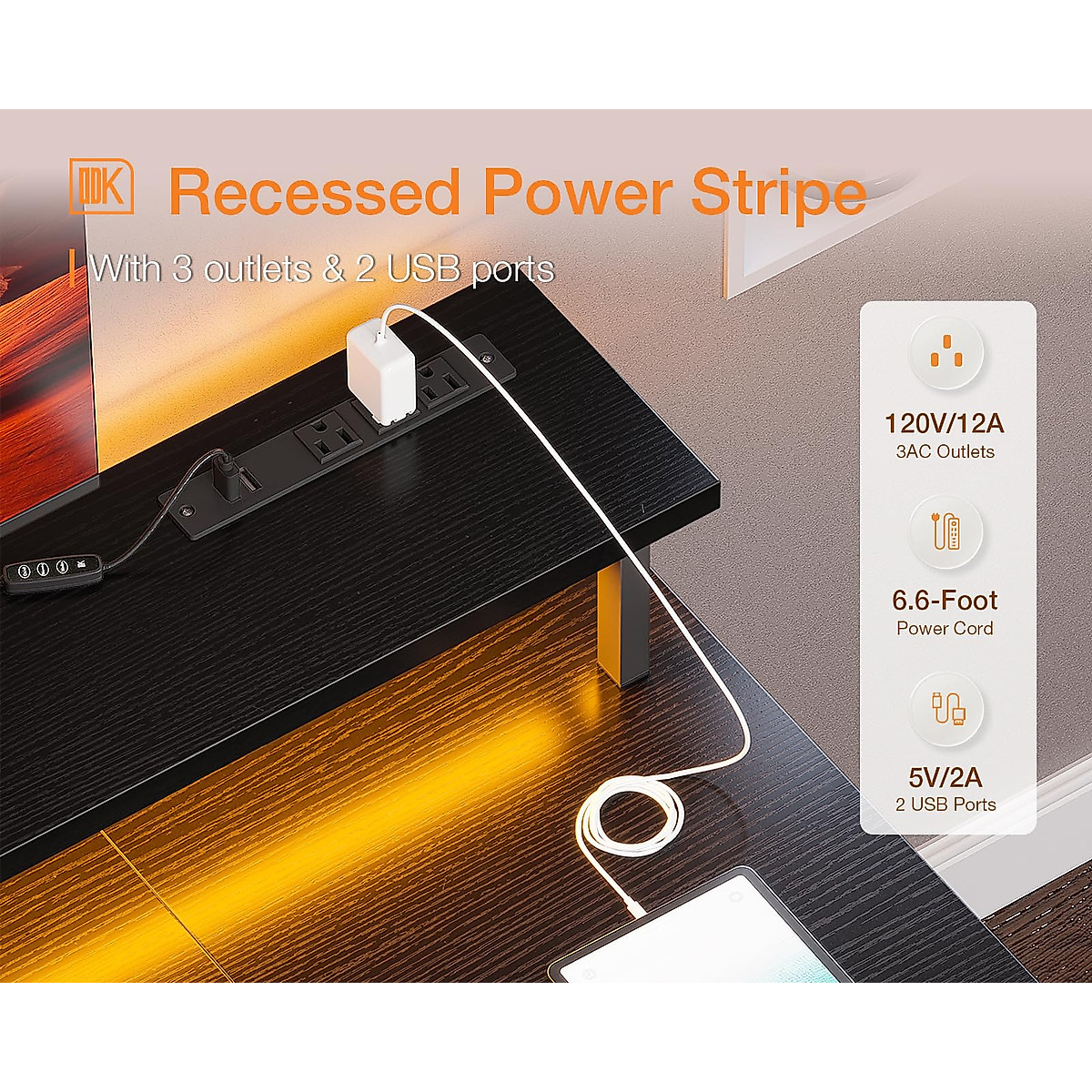 ODK 63 inch Computer Desk with Power Outlets & LED Lights, Gaming Desk with Monitor Stand & Storage Sheves, Home Office Desk, Black