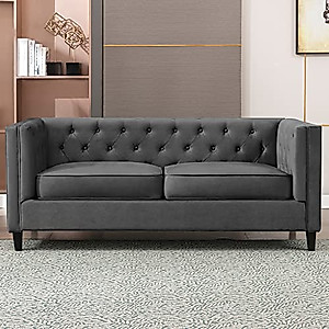 Mixoy Velvet 3-Seater Sofa, 77" Mid-Century Modern Sofa Furniture with Tufted Button, Upholstered Sofa Couch for Living Room, Bedroom (Sofa, Dark Grey)