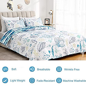 FRAMICS 3-Piece King Size Reversible Quilt Set Summer Quilt Lightweight Ocean Quilts Beach Bedspread Coverlet Blue Coral Conch Seashell Coastal Bedding for All Season(1 Quilt, 2 Pillow Shams)