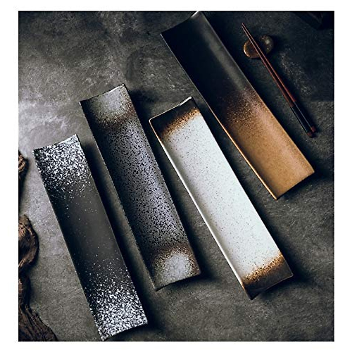 ZLH 14-inch Creative Japanese Sushi Restaurant Restaurant Hotel Long-Column Long Square Ceramic Plate Large Plate Dessert Snack Retro Tableware (Size : Set of 4)