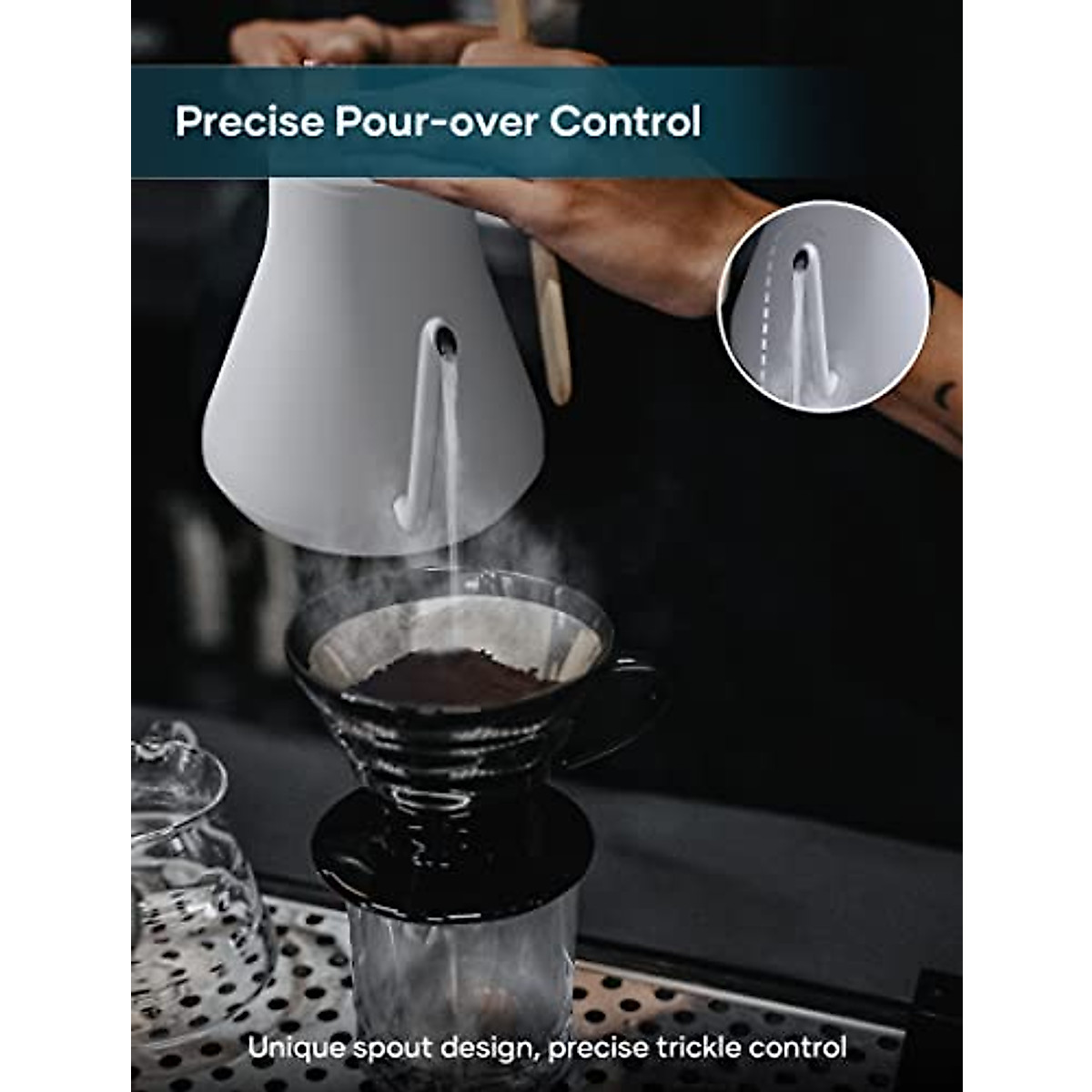 INTASTING Electric Gooseneck Kettle 0.65mm Ultra-Fine Spout, Precise Water Flow Control, 304 Stainless Steel Inner, 0.9L, Auto Shut-Off, Boil Dry Protection, White