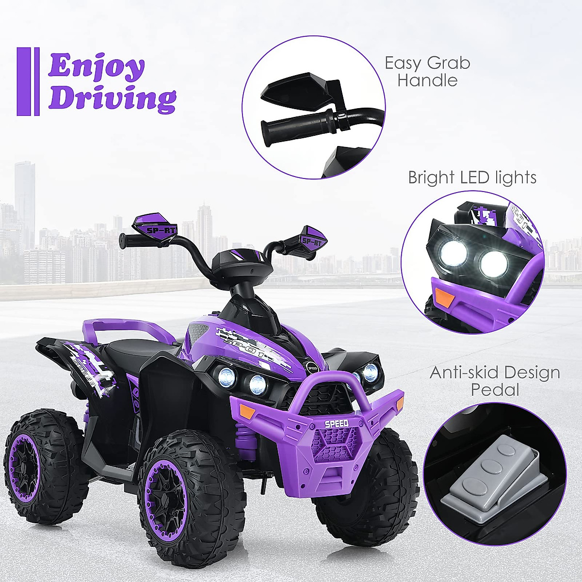 OLAKIDS Ride On ATV, 12V Kids 4 Wheeler Battery Powered Toy Car for Toddlers, Electric Rear Motorized Quad Vehicle for Boys Girls with LED Lights, Music, Horn, High Low Speed, Soft Start (Purple)