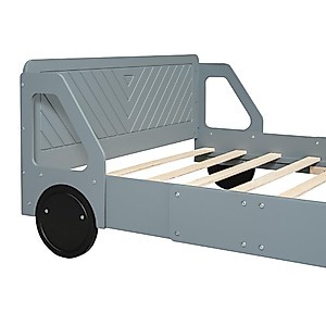 Harper & Bright Designs Full Size Car Bed for Kids, Wood Platform Bed with Wheels, Headboard and Footboard, Race Car Bed Frame with Slats Support for Boys Girls, Gray