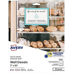 Avery Customizable Removable Wall Decals, 7" x 10", Matte White, Water Resistant Printable Labels, 3 Blank Wall Decal Stickers (61516)