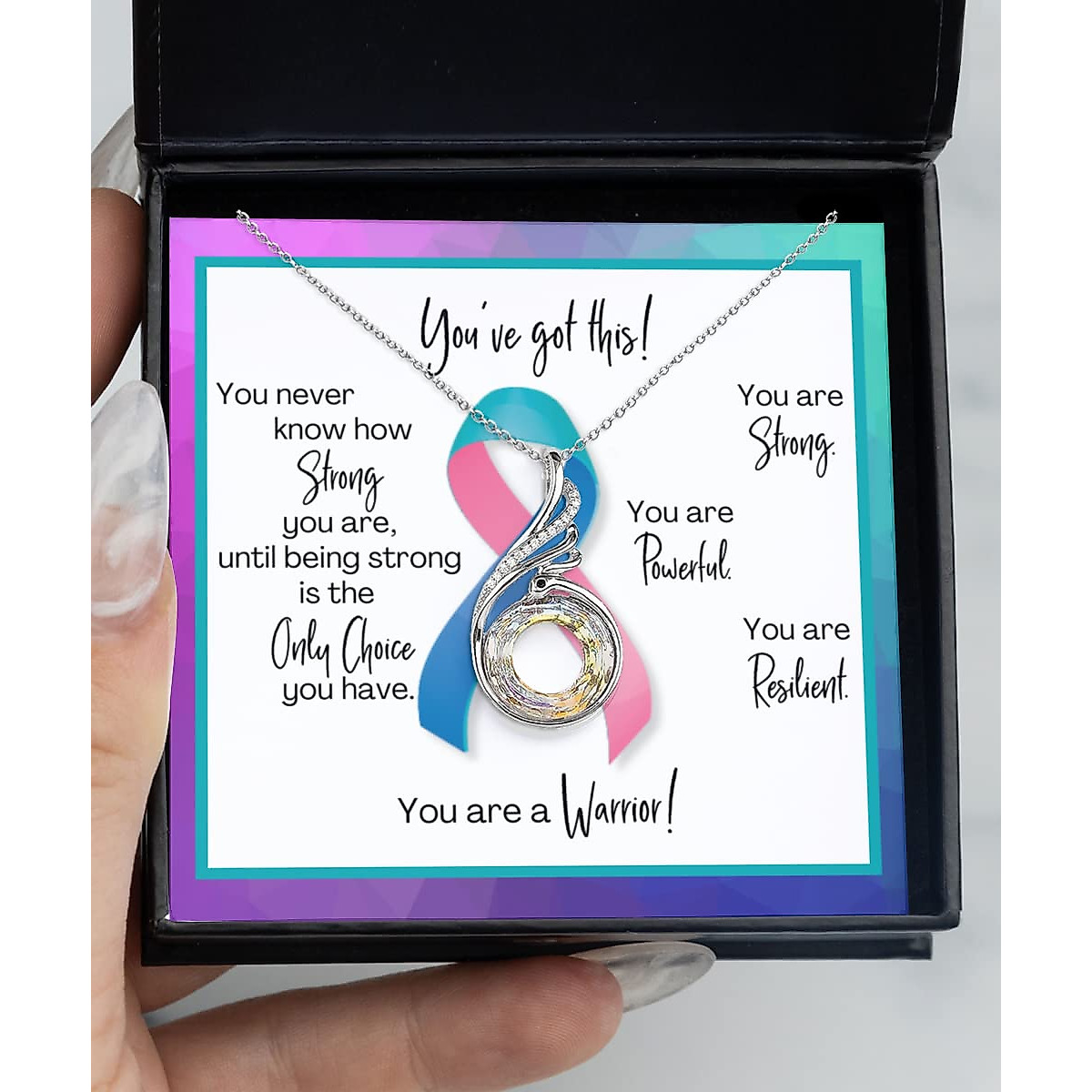 Thyroid Cancer Warrior Necklace - Gift for Support, Fighter, Survivor - Blue, Pink and Teal Ribbon Awareness - Jewelry for Post-Surgery, Chemo Patient