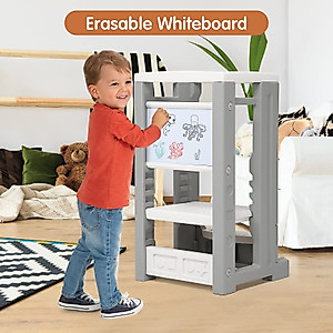 Toddler Tower - Toddler Standing Tower for Kitchen Counter & Sink, Kids Kitchen Step Stool Helper, Anti-tip Structure More Stable, with Dry Erase Board, Ages 18 Months to 5 Years (Grey)