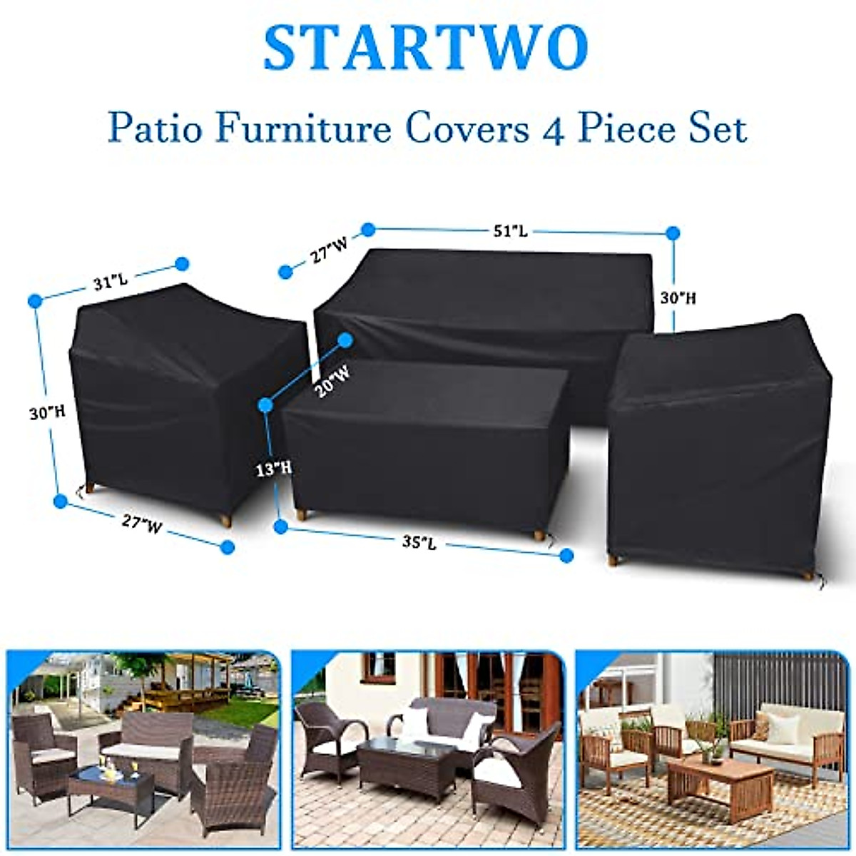 STARTWO Patio Furniture Covers,4-Piece Outdoor Veranda Patio Garden Furniture Covers Set Waterproof Heavy Duty Oxford Fabric Rattan Furniture Cover Lawn Patio Set Covers