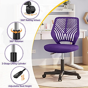 Yaheetech Students Cute Desk Chair Low-Back Armless Study Chair w/Lumbar Support Adjustable Swivel Chair in Home Bedroom School, Purple