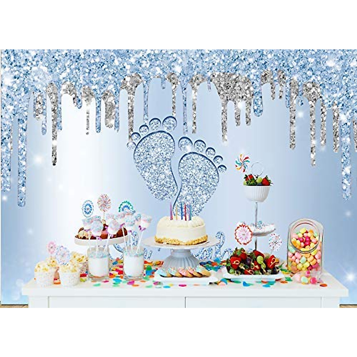 7x5ft Oh Baby Backdrops Baby Shower Background for Boy Oh Boy Little Feet Backdrop for Photography Glitter Blue Baby Shower Boys 1st Birthday Party Decor It's A Boy Baby Shower Banners Photo Props
