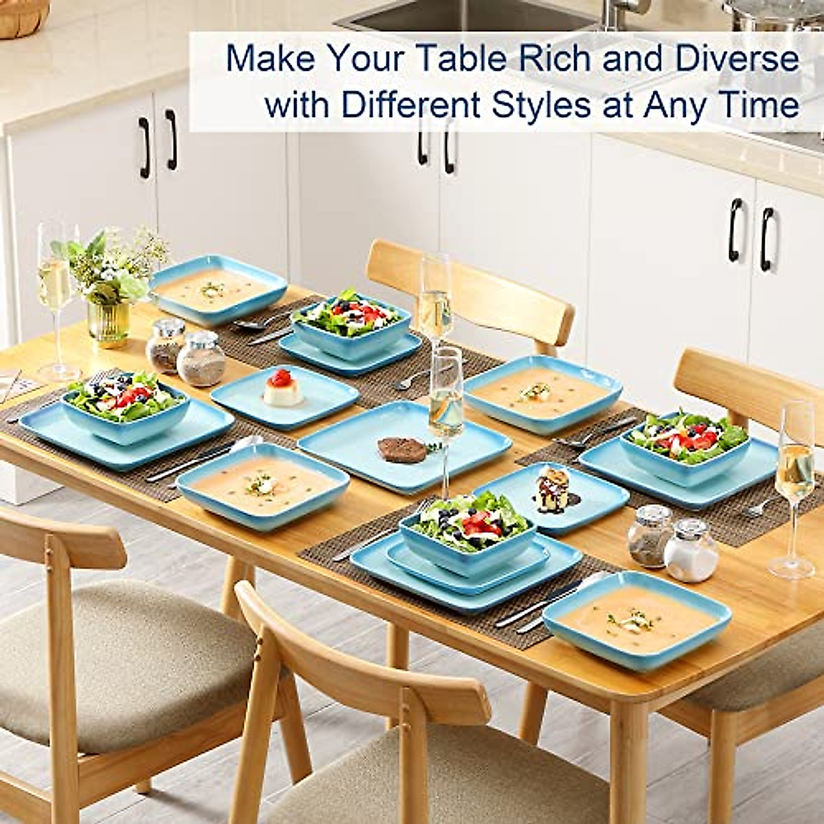 LOVECASA Square Dinnerware Sets for 4, 16 PCS Gradient Dishes Set,Stoneware Dinner Plates/Dessert Plates/Soup Plates/Cereal Bowls,Gradient Sky Blue