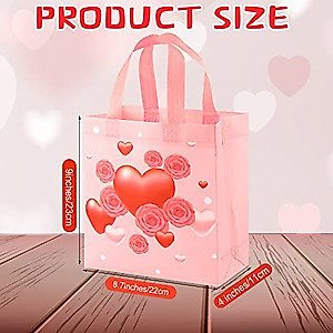 Valentines Day Gift Bags Reusable Shopping Bag Heart Rose Valentine Tote Bag Non Woven Treat Bags with Handles for Valentine's Day Wedding Party Supplies Gifts Wrapping, 9 x 8.7 x 4 Inch (16 Pieces)