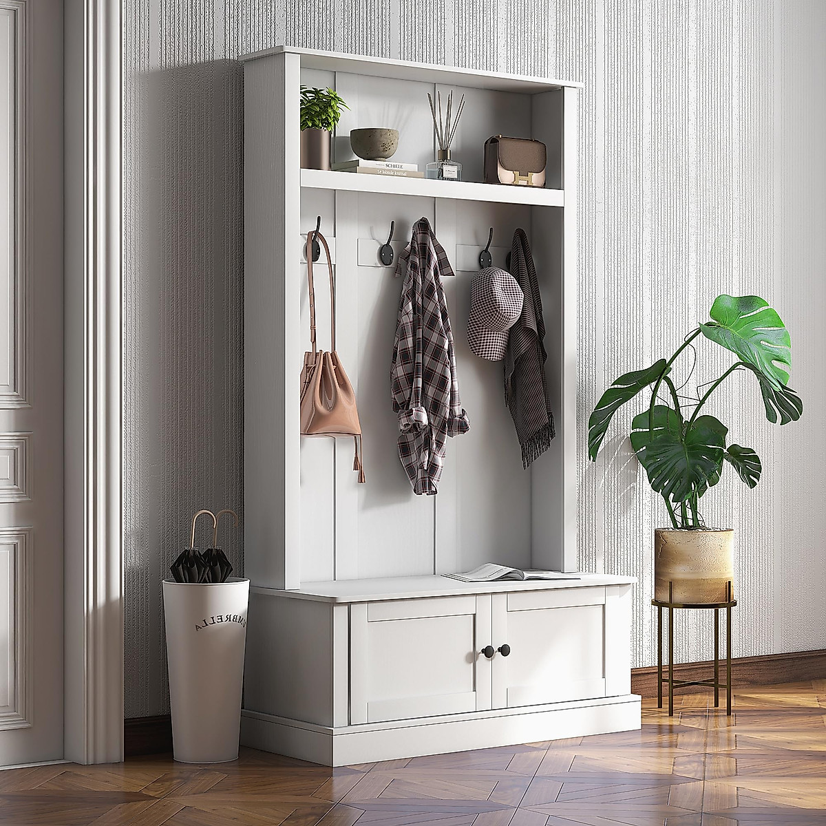 HOMCOM Freestanding Hall Tree, Entryway Bench with Coat Rack, Shoe Cabinet and Top Shelf, Mudroom Bench with Storage and Hooks for Hallway, White