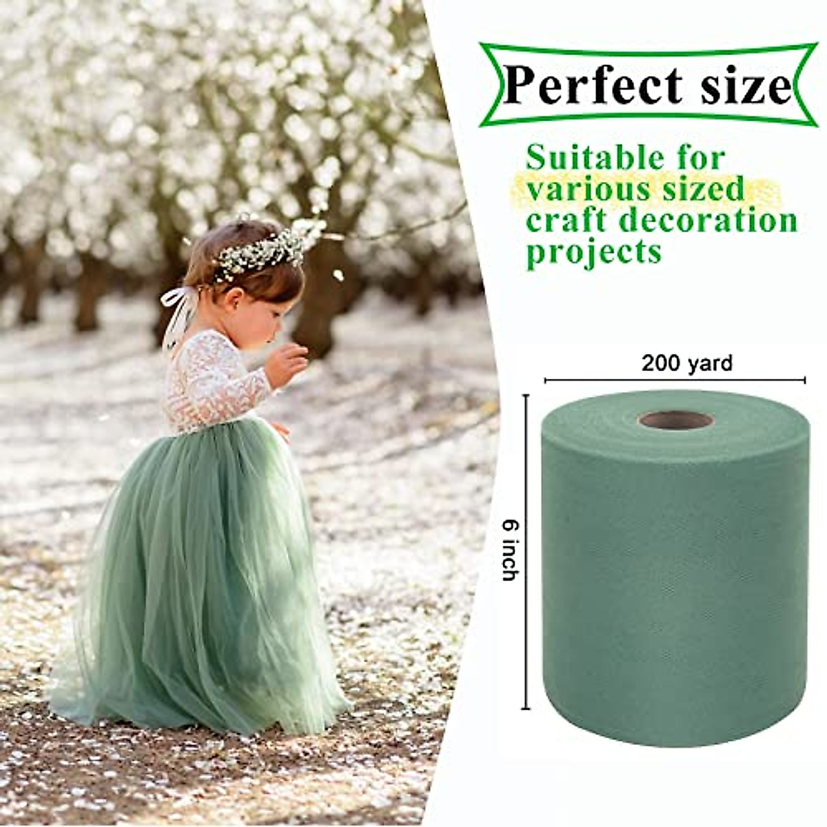 Sage Green Tulle Fabric Rolls 6 Inch by 200 Yards (600 feet) Fabric Spool Tulle Ribbon for DIY Tutu Bow Baby Shower Birthday Party Wedding Decorations Craft Supplies