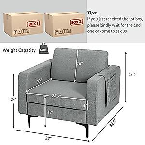 Giantex Single Sofa, Accent Chair, Leisure Chair w/Comfy Thick Cushion, Armrest Magazine Pockets, Metal Legs, Living Room Upholstered Armchair for Bedroom Reception Room