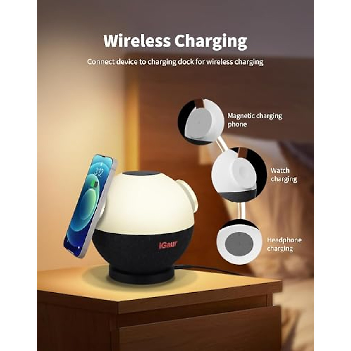 iGaur Night Light Beside Lamp: Touch Lamp with Wireless Charger Nightstand Music Desk Lamp - 5 in 1 Portable Bluetooth Speaker, Wireless Charging Lamp, Gifts for Kids Bedroom Office