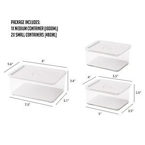 Refrigerator Organizer Bins with Removable Drain Tray for Fruits and Vegetables, Produce Saver, Small and Medium Storage Containers, 3-Piece Set, Clear, Dishwasher Safe, BPA-Free, Stackable Fridge Bin