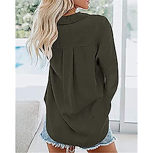 Andongnywell Women Solid Color Long Sleeve V Neck Shirts Button Down Basic Tops V-Neck Button Shirt (Green,8,5X-Large)