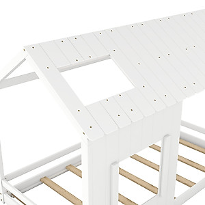 Twin House Bed, Montessori Bed Twin Size Floor Bed with Rails and Roof, Window, Solid Wood Platform Bed Frame with Slats, for Kids Teens Girls Boys (Twin Size, White)