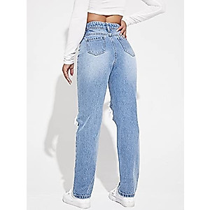WDIRARA Women's High Waisted Ripped Straight Leg Jeans Cut Out Button Denim Pants Light Wash M
